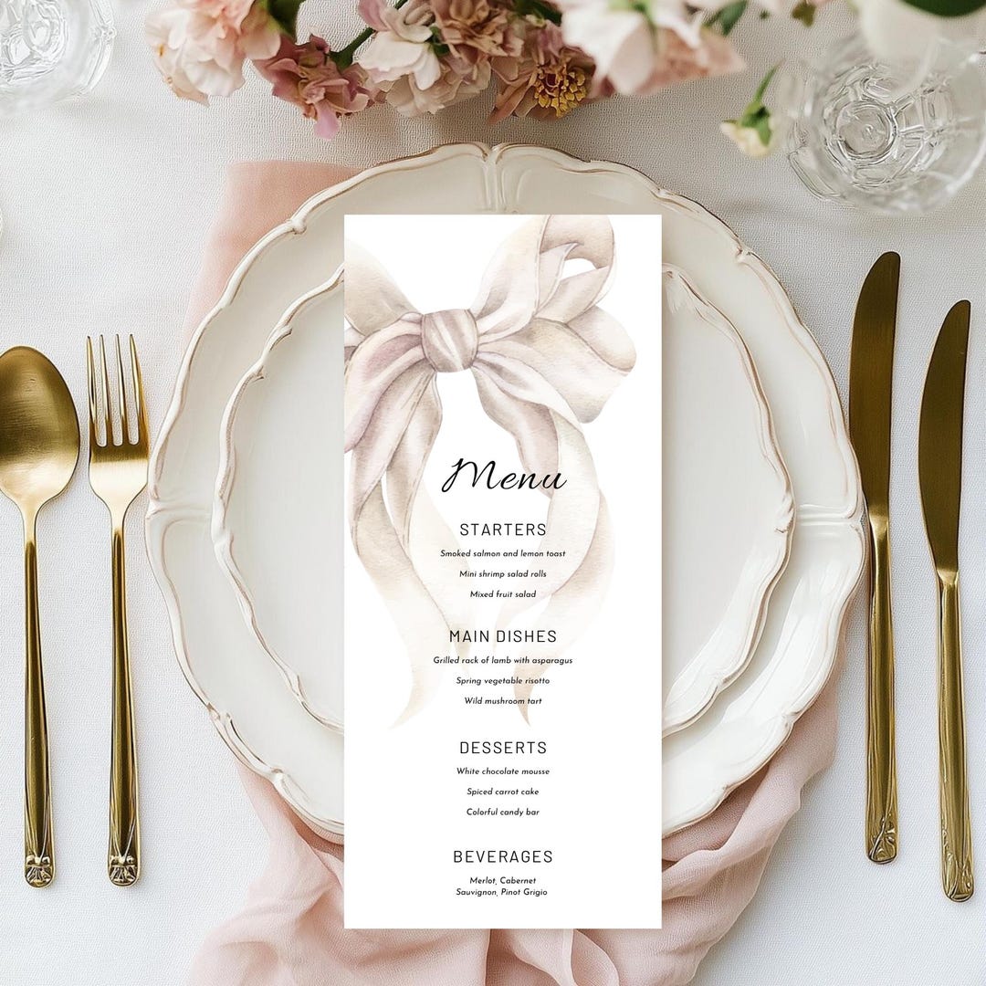 Printable Dinner Menu Card Template Neutral Bow Menu Bridal Shower ...