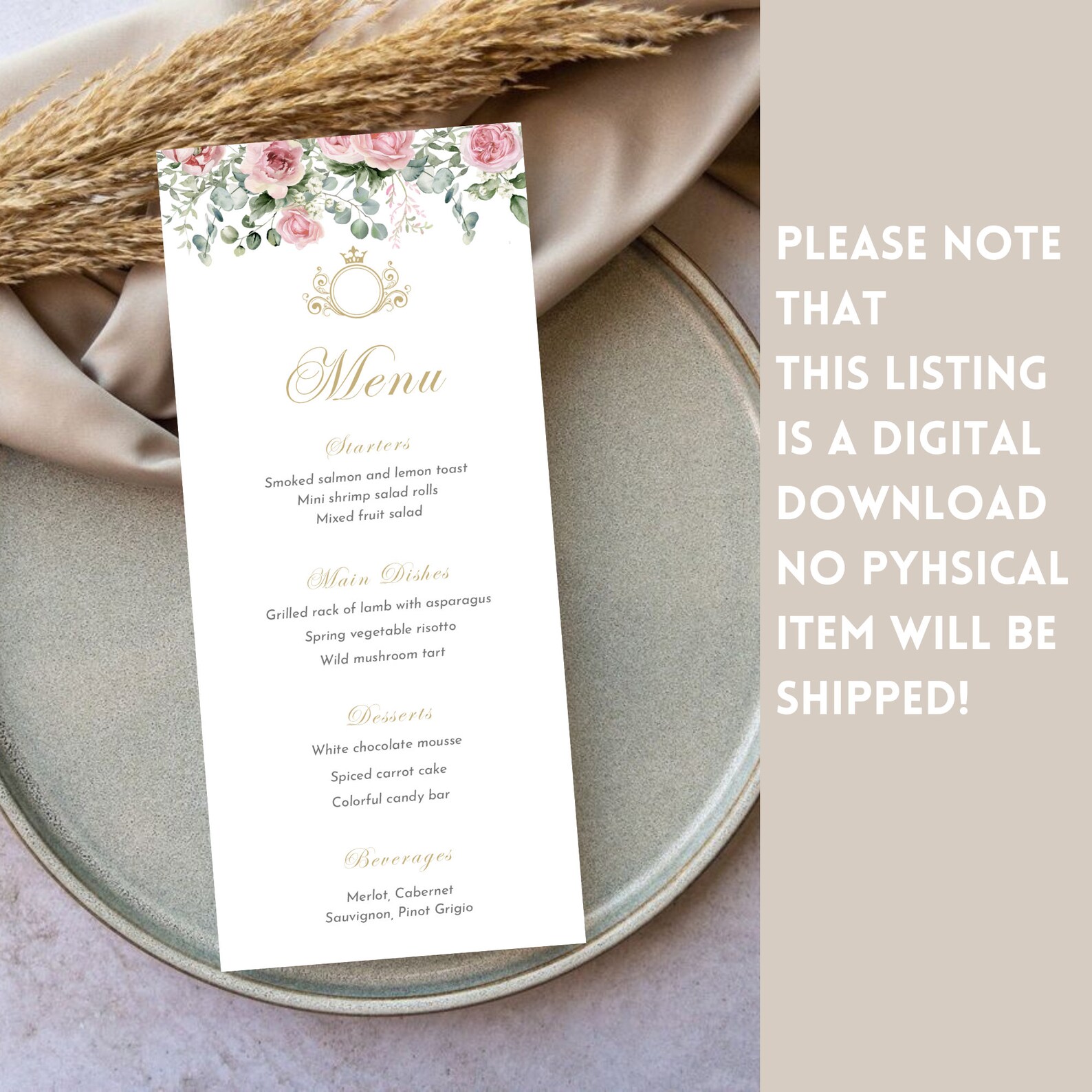 Printable Dinner Menu Card Template Victorian Floral Menu Bridal Shower ...