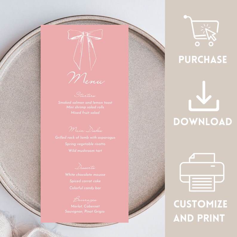Printable Dinner Menu Card Template Pink Bow Menu Bridal Shower Table ...