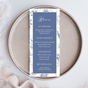 Printable Dinner Menu Card Template Vintage Blue Floral Menu Bridal ...