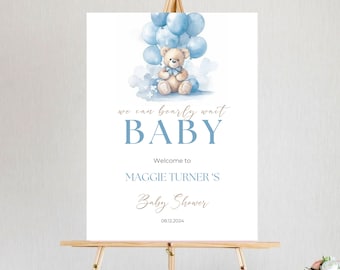 Editable Boy Baby Shower Welcome Poster Template Cute Teddy Bear Over ...