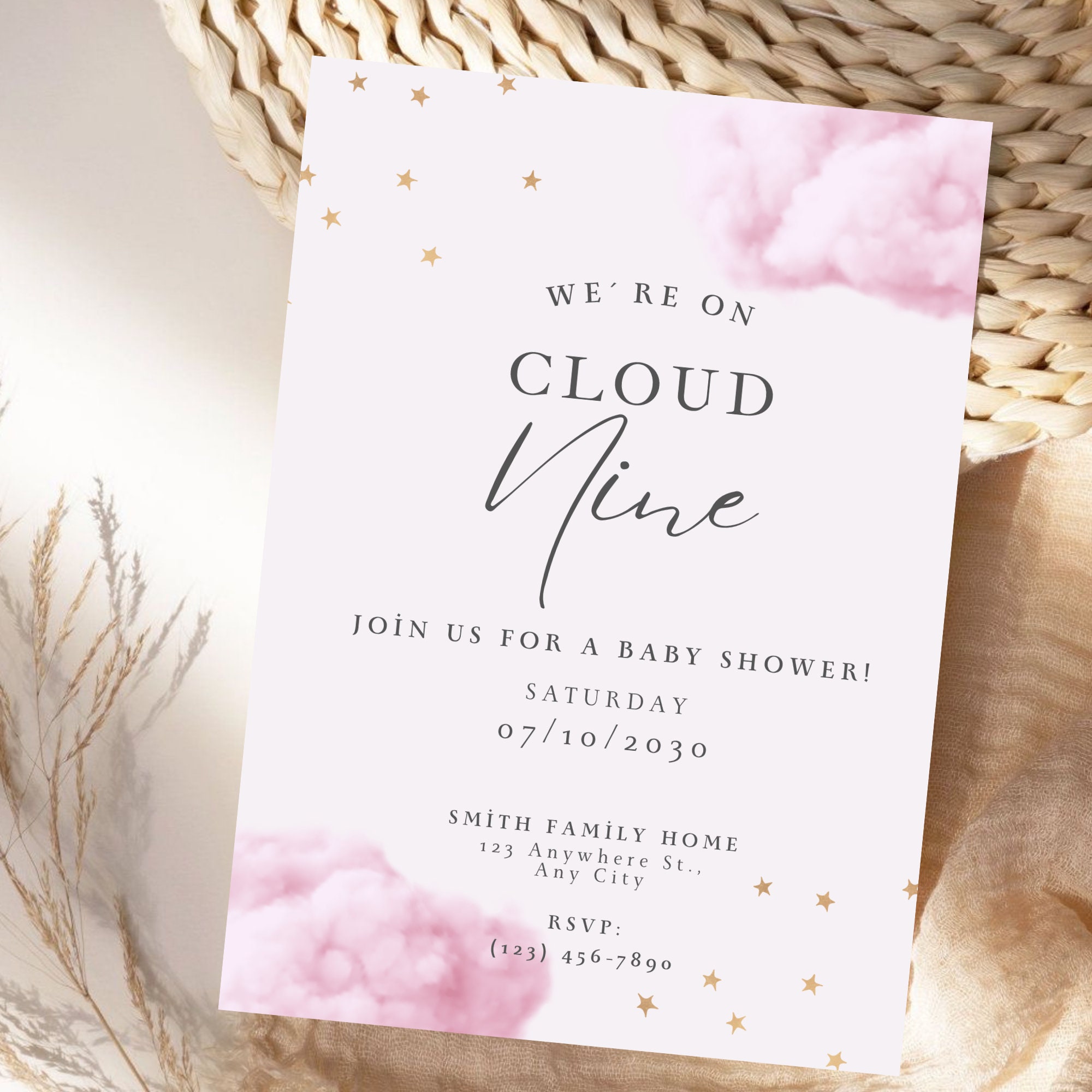 Cloud Nine Baby Girl Shower Invitation Template Printable Cloud Themed ...