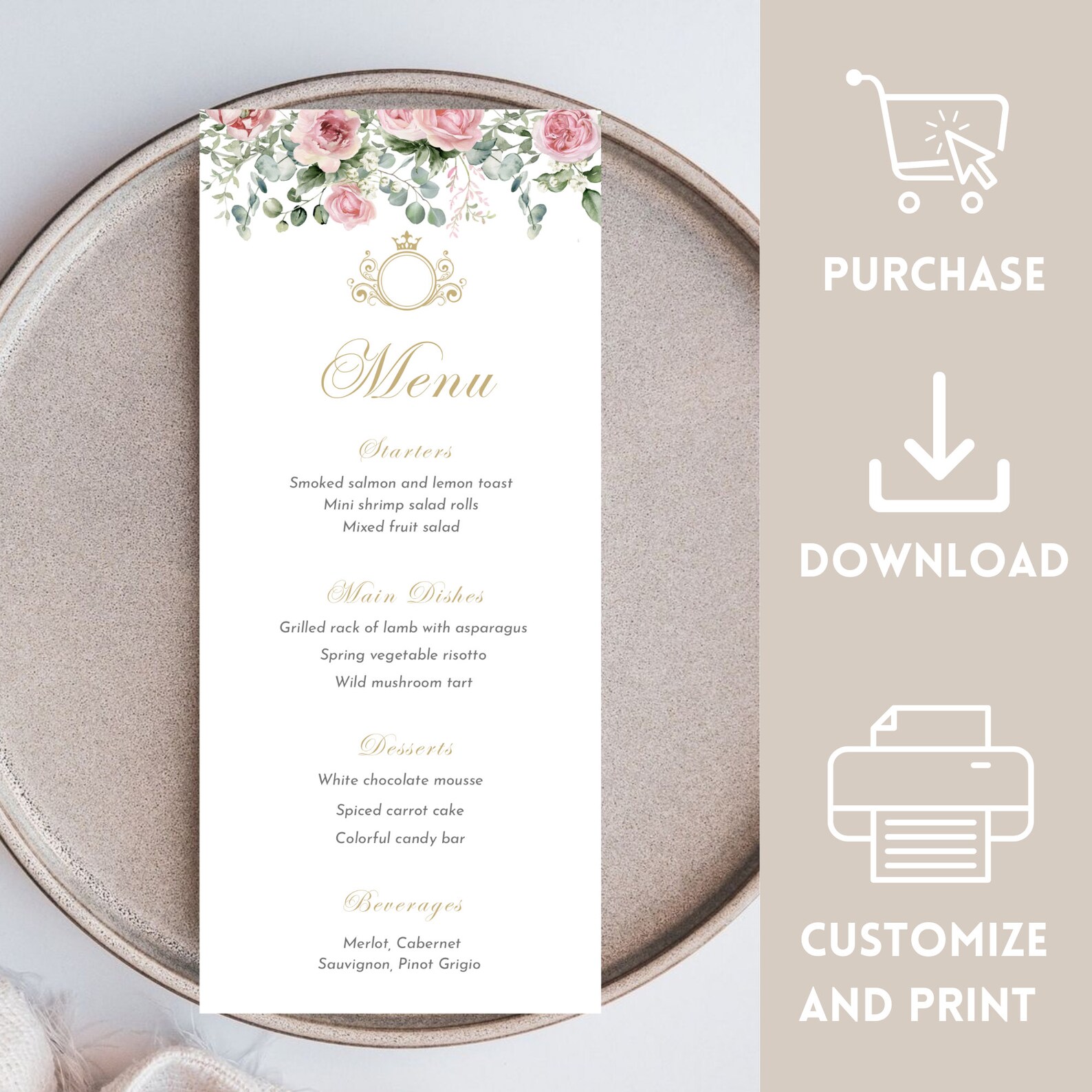 Printable Dinner Menu Card Template Victorian Floral Menu Bridal Shower ...