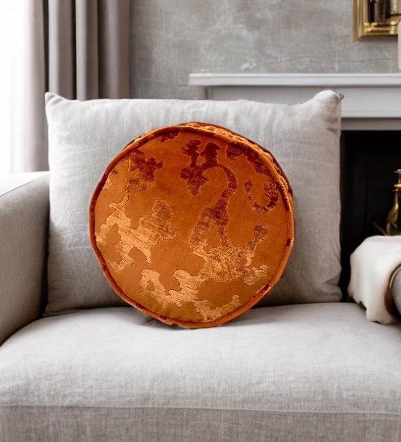 Luxurious Rust Floral Piping Velvet Round Decorative Pillow With Insert ...