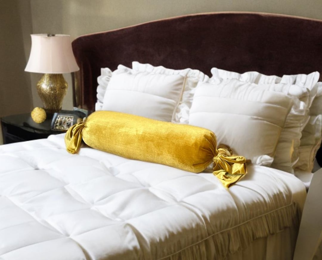 Luxurious Gold Velvet Decorative Bolster Bow Pillow With Cotton Insert ...