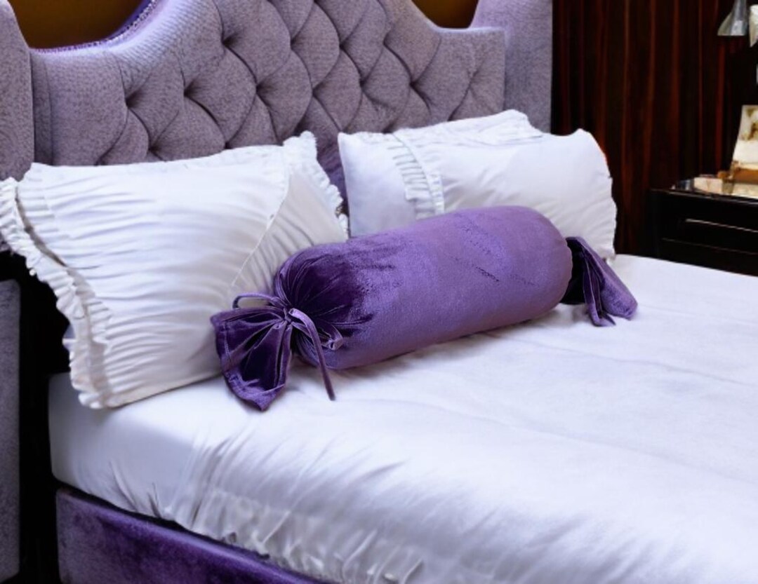 Luxurious Lilac Velvet Decorative Bolster Bow Pillow With Cotton Insert ...