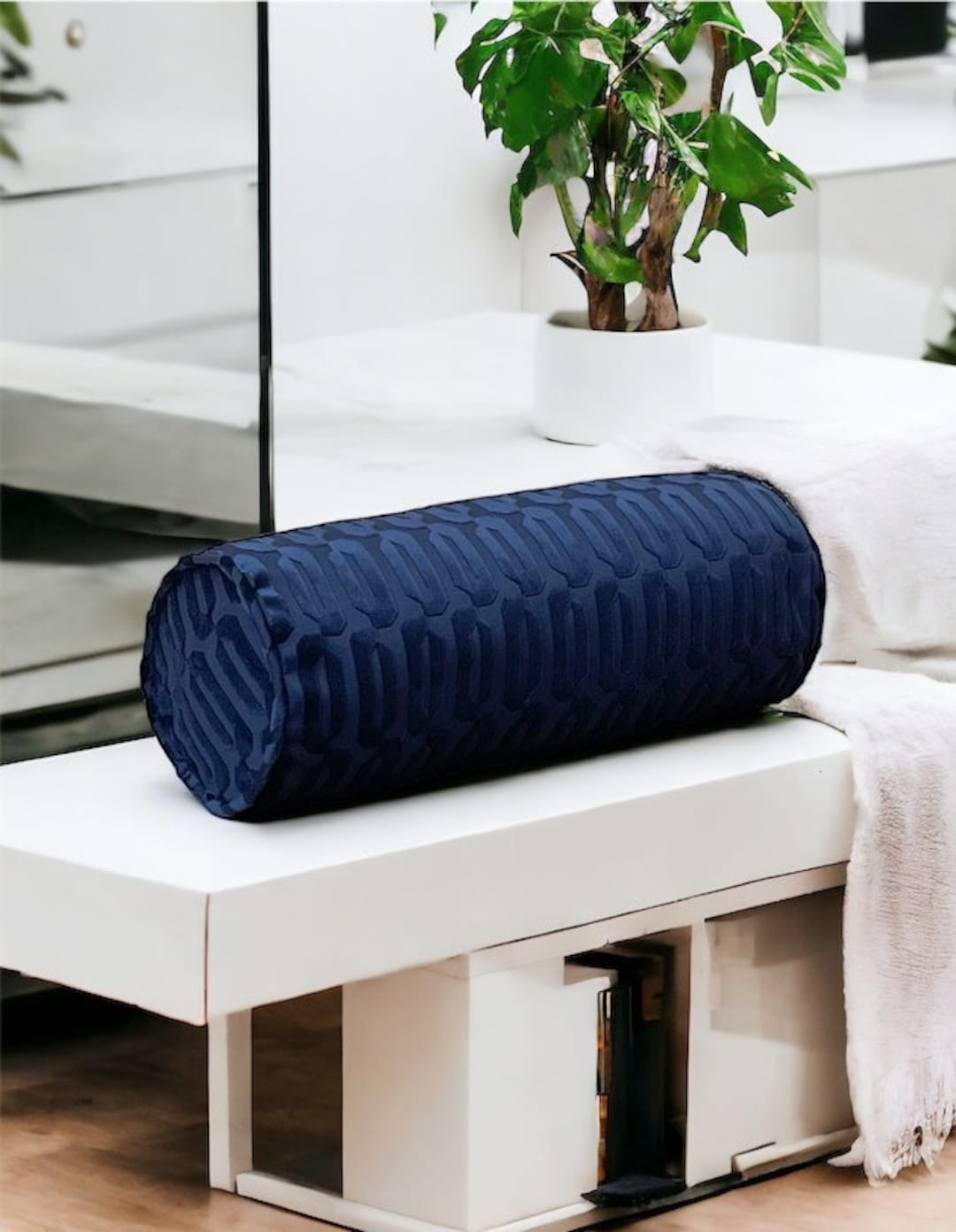 Navy Blue Geometric Patterned Velvet Bolster Pillow Cover-birthday Gift ...