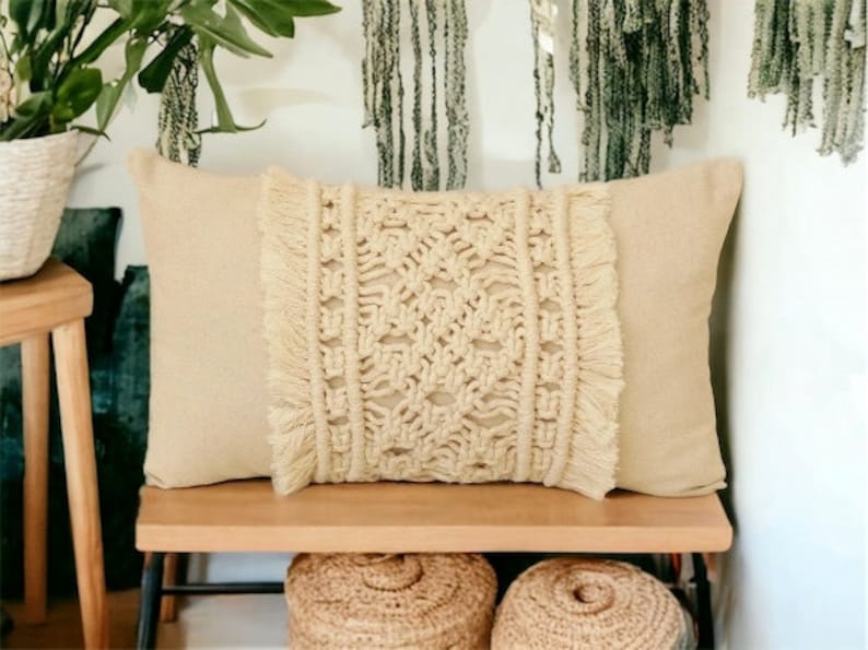 Ivory Macrame Lumbar Pillow Coverfloralhand Knottedcushion - Etsy