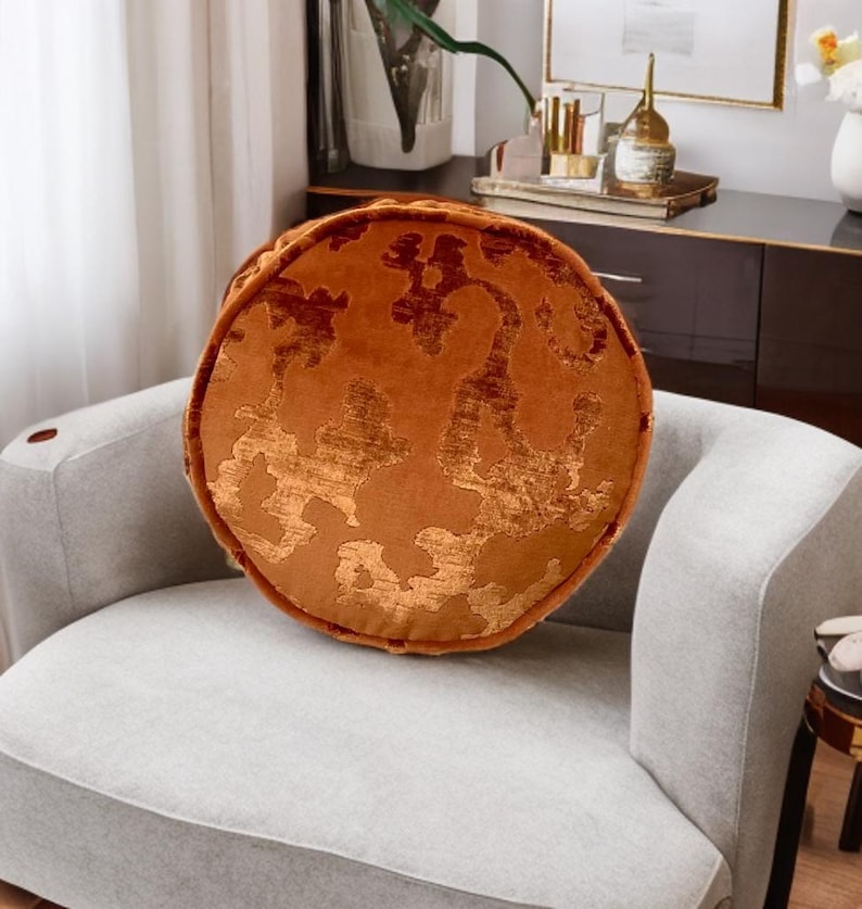 Luxurious Rust Floral Piping Velvet Round Decorative Pillow With Insert ...
