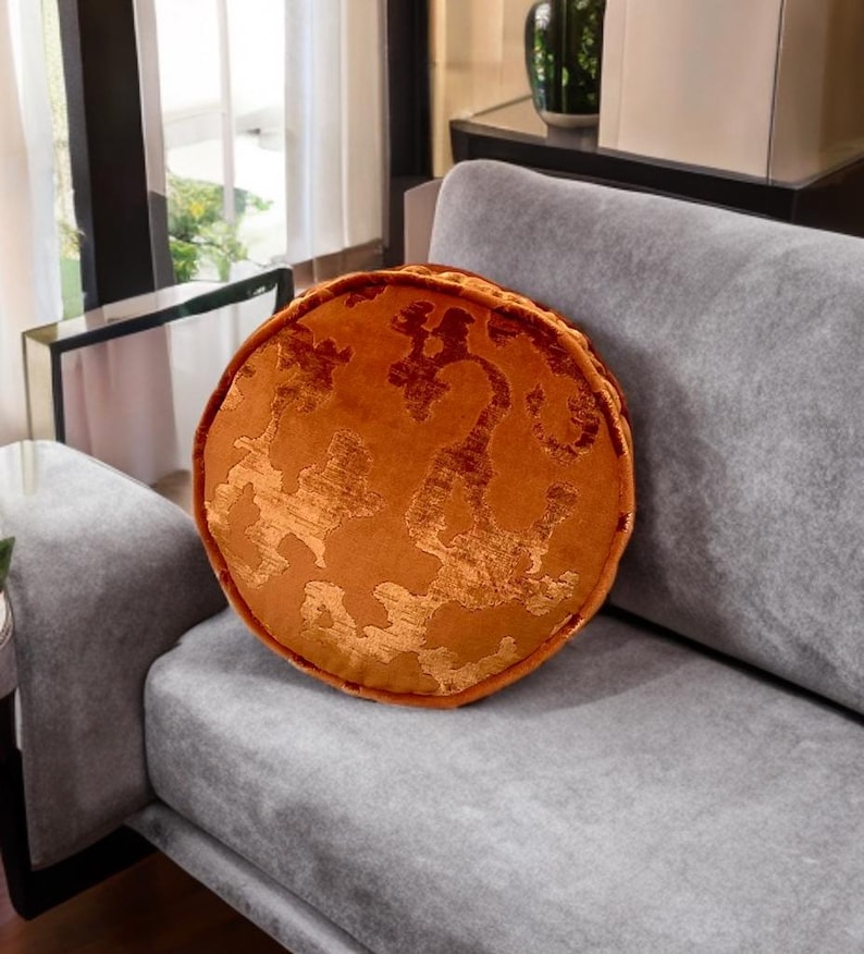 Luxurious Rust Floral Piping Velvet Round Decorative Pillow With Insert ...