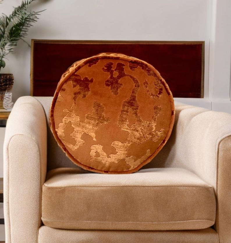 Luxurious Rust Floral Piping Velvet Round Decorative Pillow With Insert ...