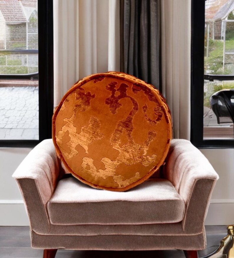 Luxurious Rust Floral Piping Velvet Round Decorative Pillow With Insert ...