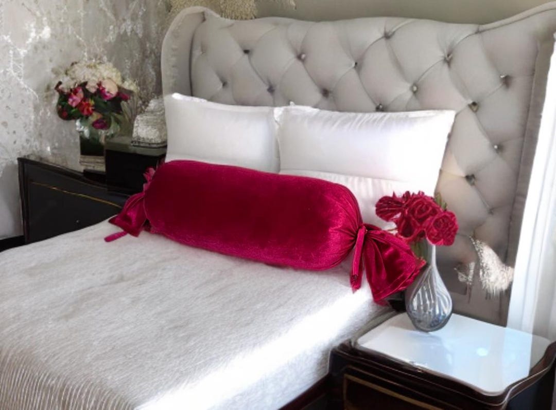 Unique Burgundy Velvet Decorative Bolster Bow Pillow With Cotton Insert ...