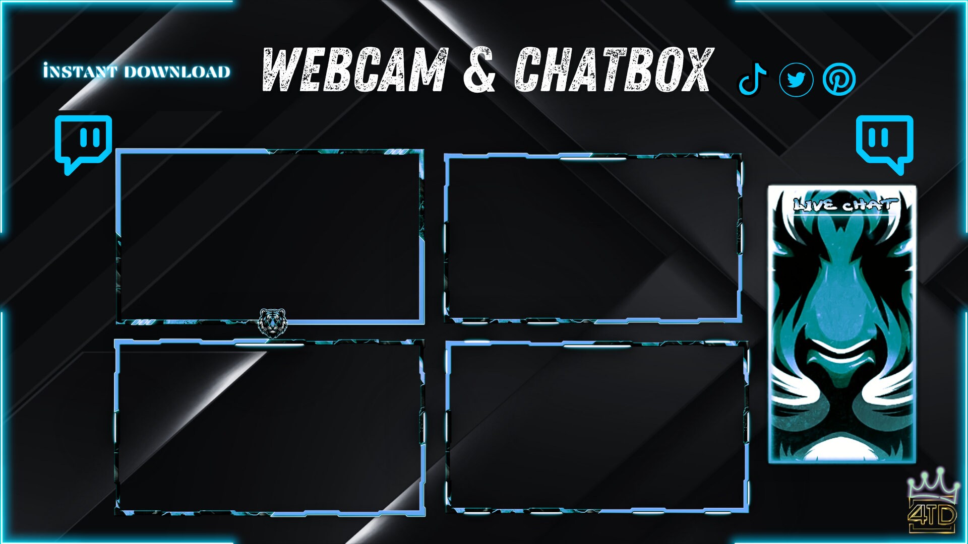 Animated Stream Pack Tiger Cyan, Stream Overlay, Webcam Overlay, Twitch ...