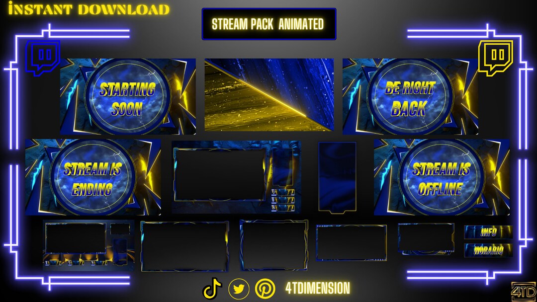 Stream Pack Blue Yellow , Overlay, Panels, Animated, Chatbox, Animated ...