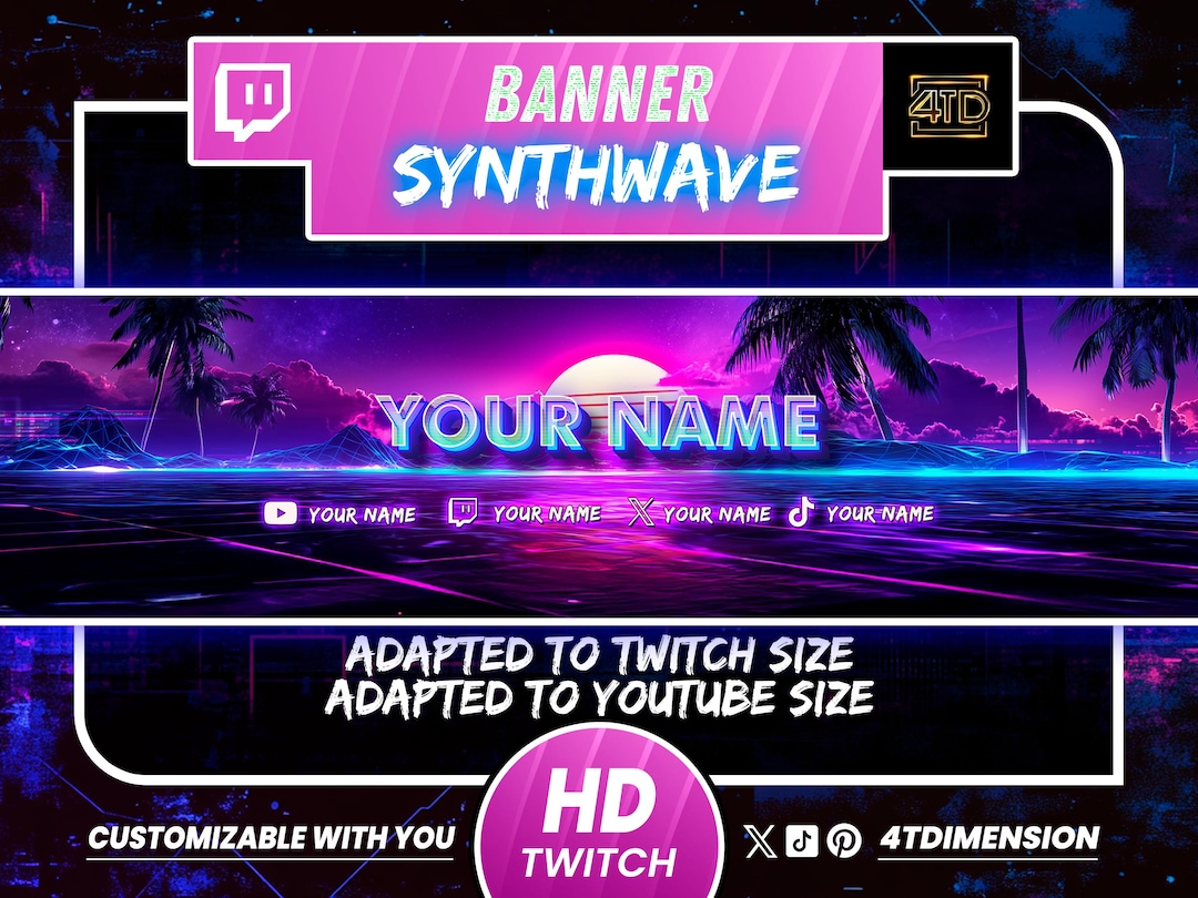 Retro Neon Twitch and Youtube Banner With Synthwave Sunset, Vaporwave ...