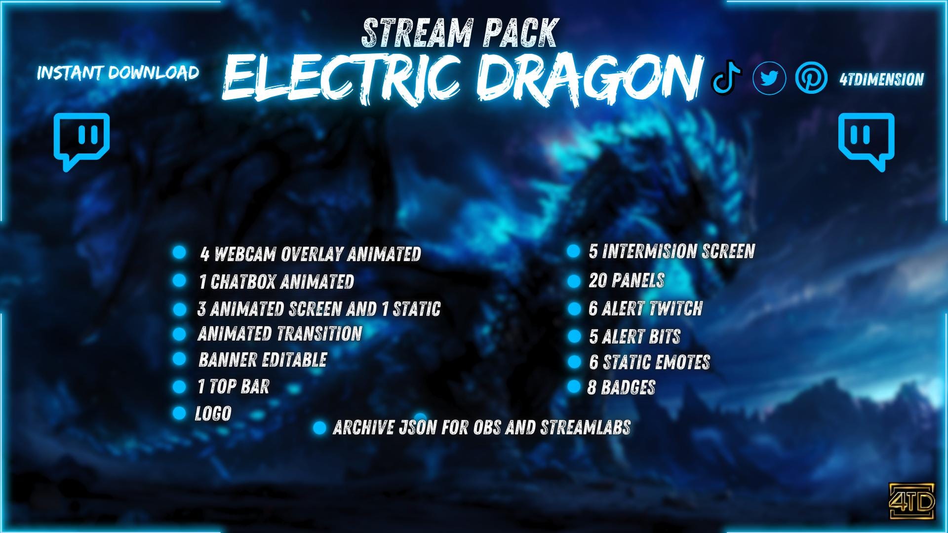 Electric Dragon Twitch Stream Pack: Animated OBS Streamlabs Overlays ...
