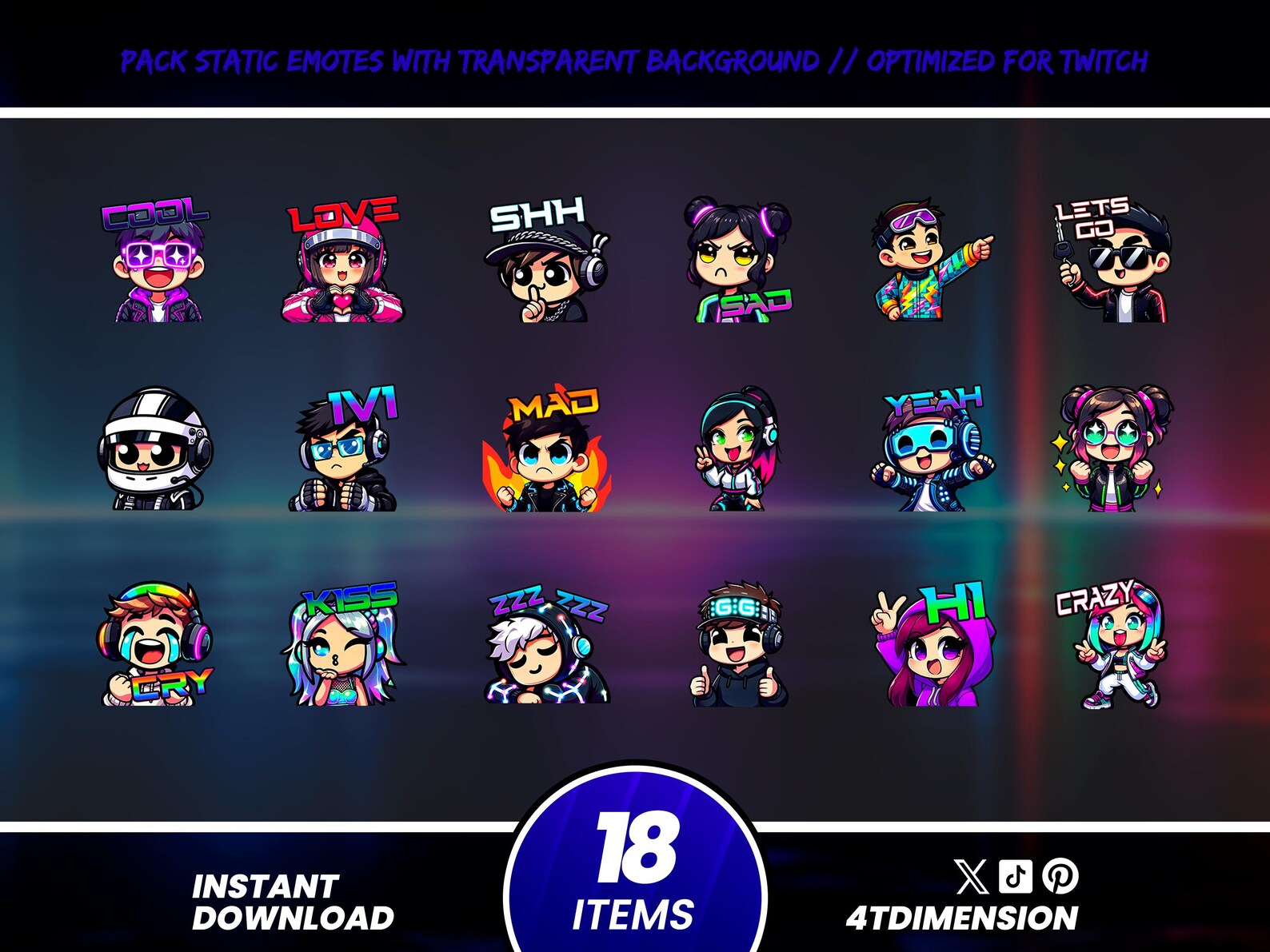 Animated Twitch Emotes Pack, Neon Style Stream Emotes for Kick, Gamer ...