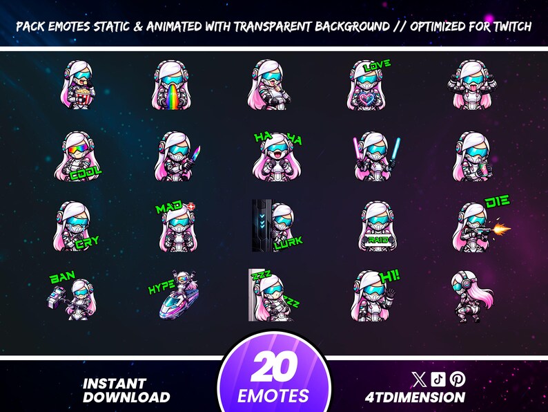 Cyberpunk Twitch Animated Emotes Pack : 20 Neon Gamer Girl Emotes for ...