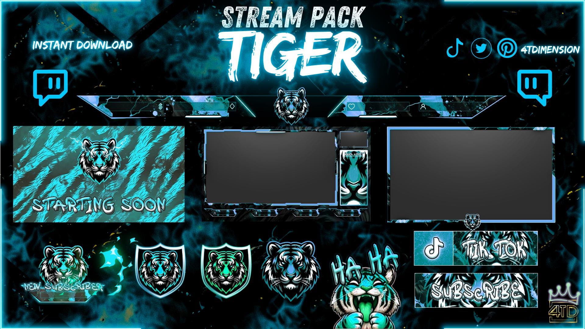 Animated Stream Pack Tiger Cyan, Stream Overlay, Webcam Overlay, Twitch ...