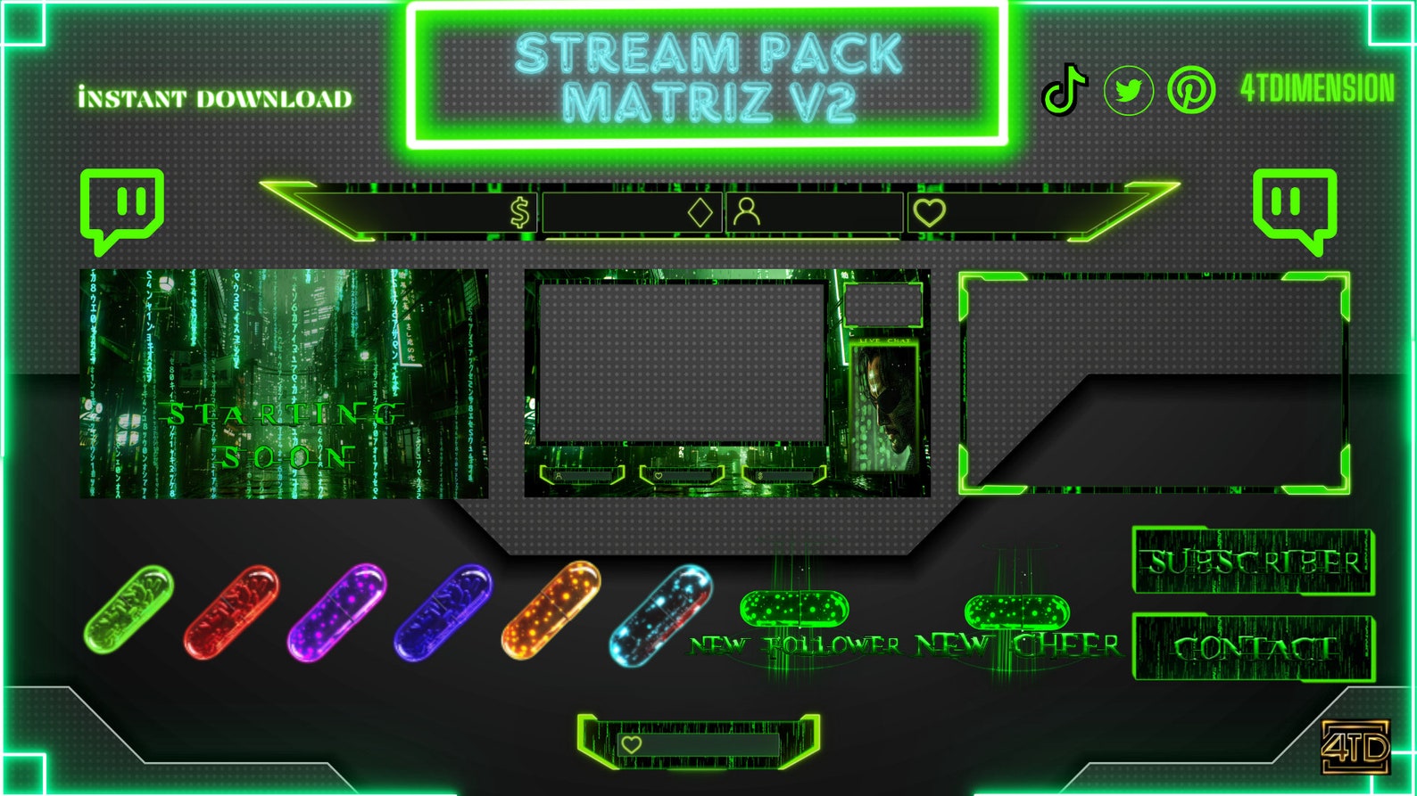 Animated Stream Pack Matrix V2, Stream Overlay, Webcam Overlay, Twitch ...
