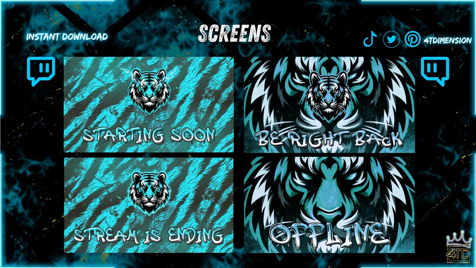 Animated Stream Pack Tiger Cyan, Stream Overlay, Webcam Overlay, Twitch Alert, Screen Overlay ...