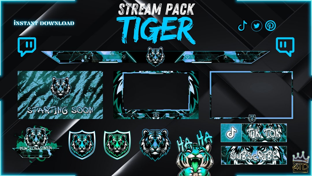 Animated Stream Pack Tiger Cyan, Stream Overlay, Webcam Overlay, Twitch ...
