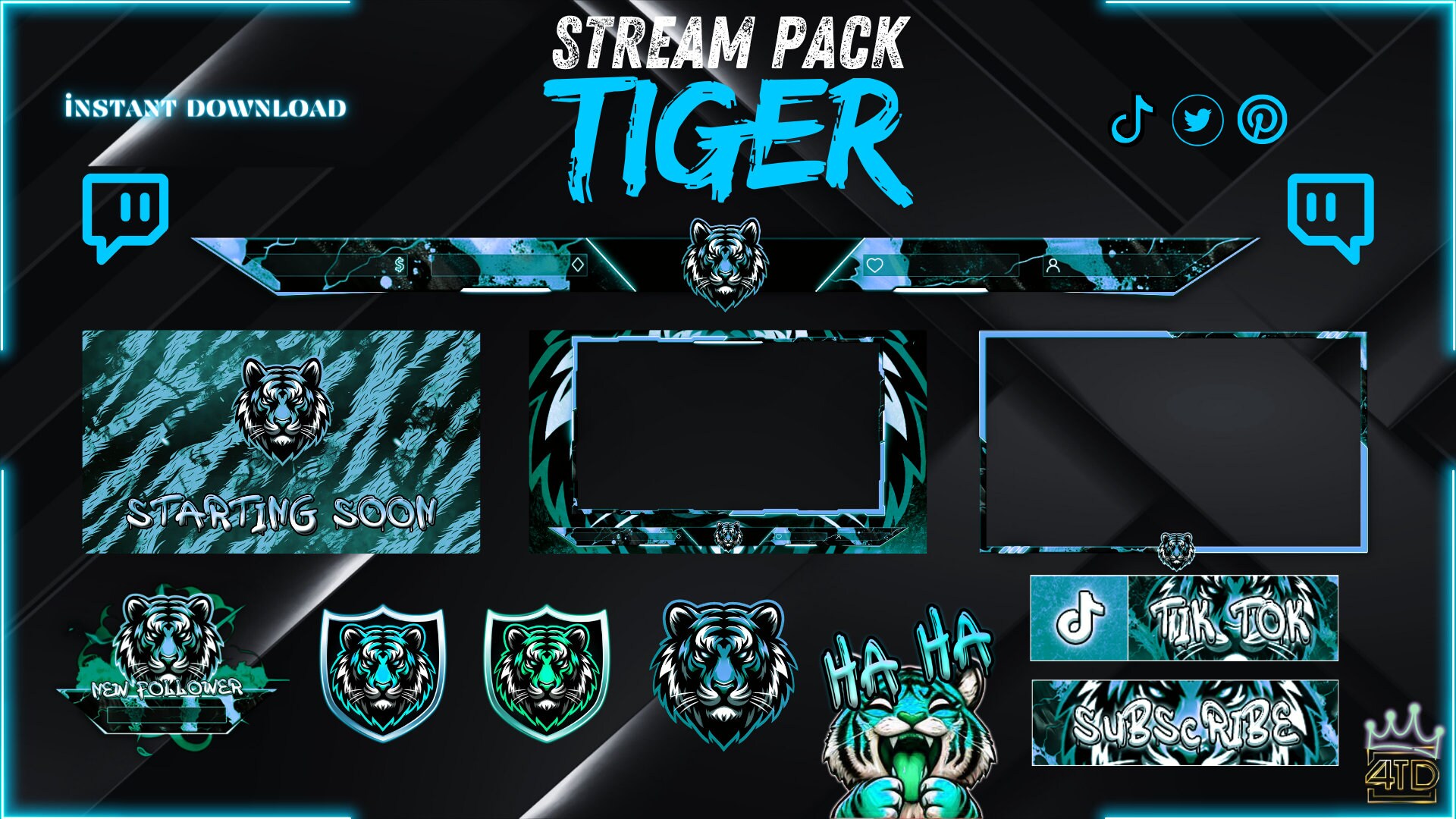 Animated Stream Pack Tiger Cyan, Stream Overlay, Webcam Overlay, Twitch ...