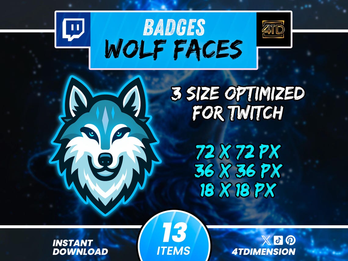 Wolf Face Badge Icons for Twitch, Discord, Youtube, Kick, Gamers and ...