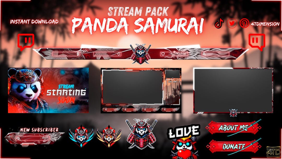 Animated Stream Overlay Pack for Twitch, Kick, Youtube, Panda Samuray ...