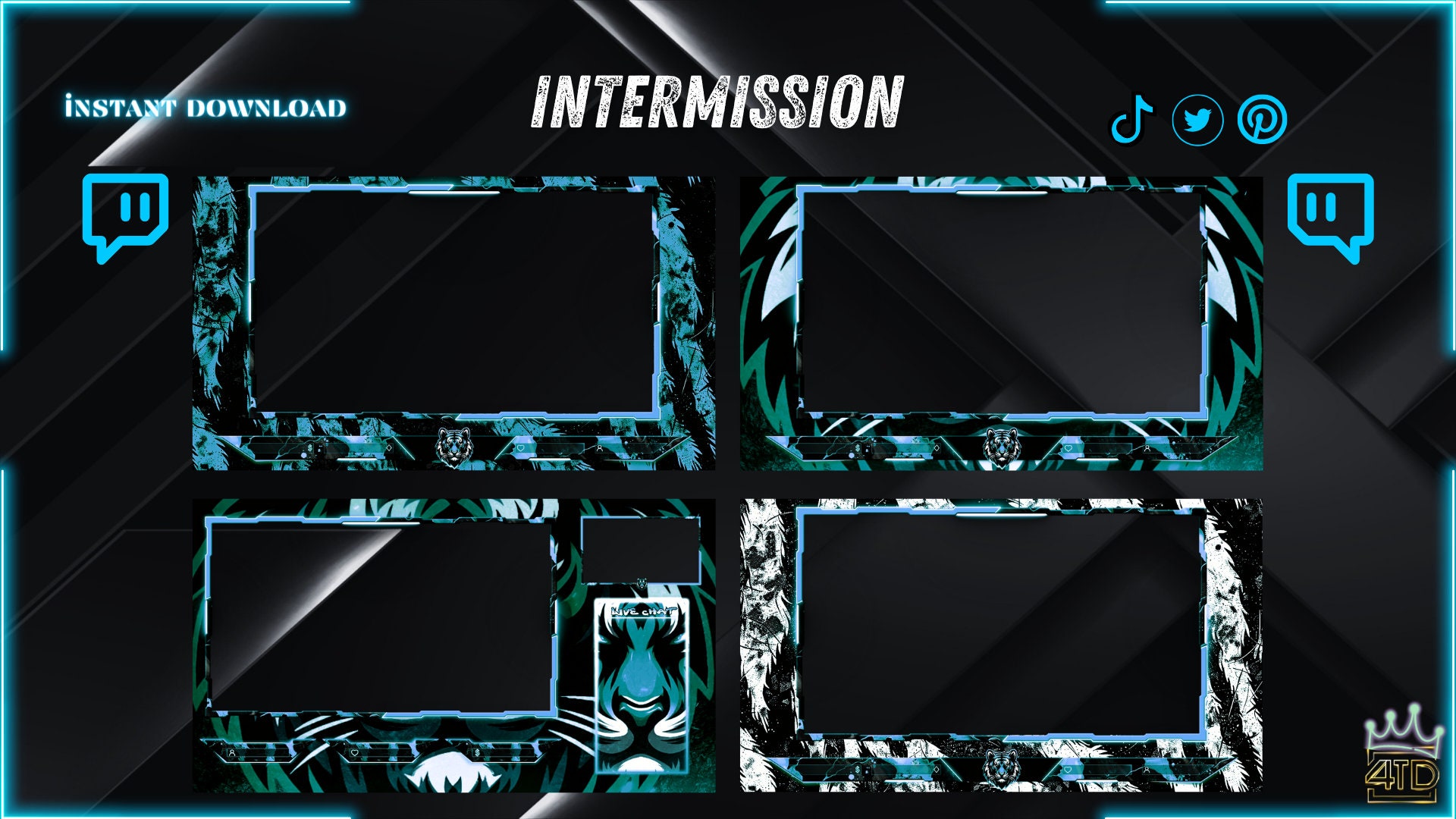 Animated Stream Pack Tiger Cyan, Stream Overlay, Webcam Overlay, Twitch ...
