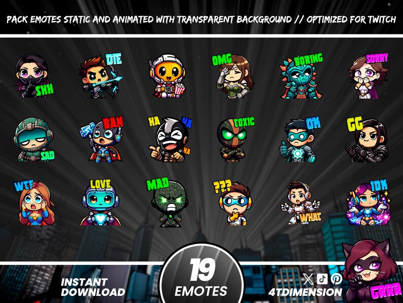 Cute Superhero Twitch Emotes Animated and Static Pack, Hero Emotes for ...