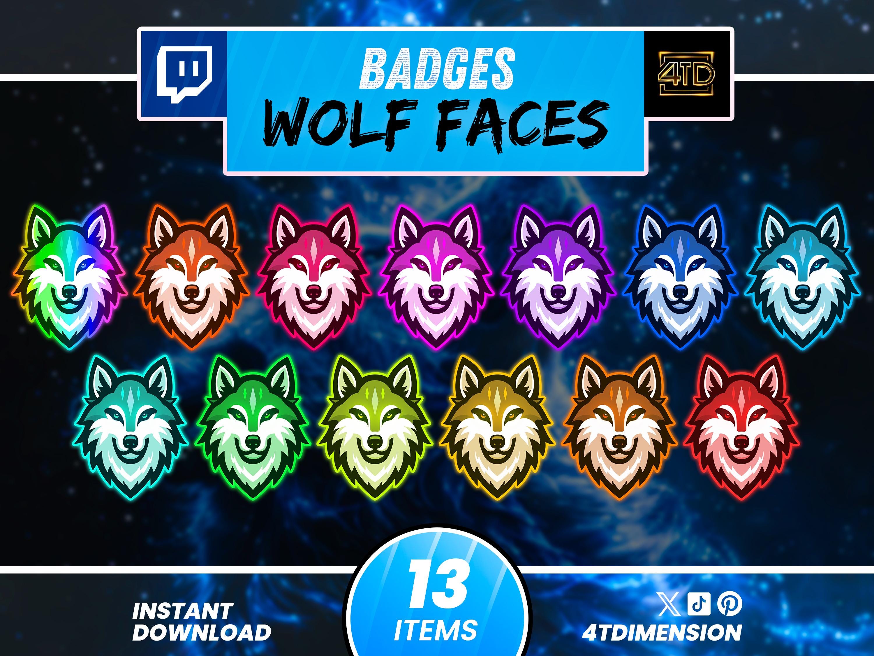 Wolf Face Badge Icons for Twitch, Discord, Youtube, Kick, Gamers and ...