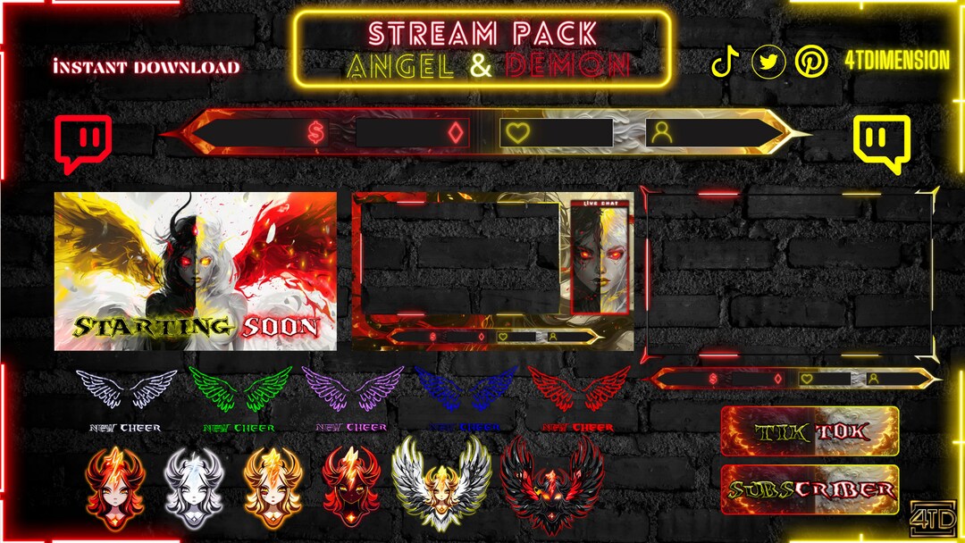 Stream Pack Demon & Angel, Overlay, Twitch Panels, Animated, Chatbox ...