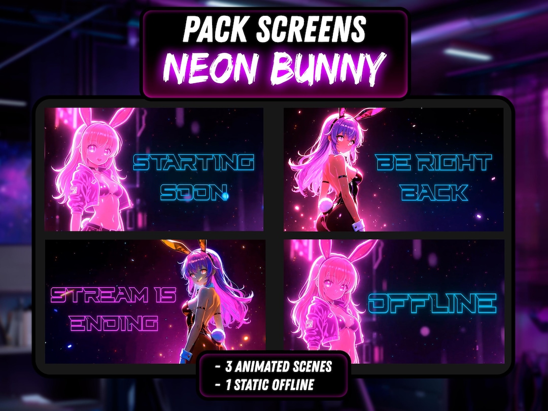 Neon Bunny Stream Overlay Pack Animated: Anime Twitch Screens, Pink ...