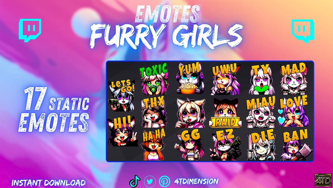 Furry Girls Emotes Pack for Twitch and Discord: 17 Cute Static ...