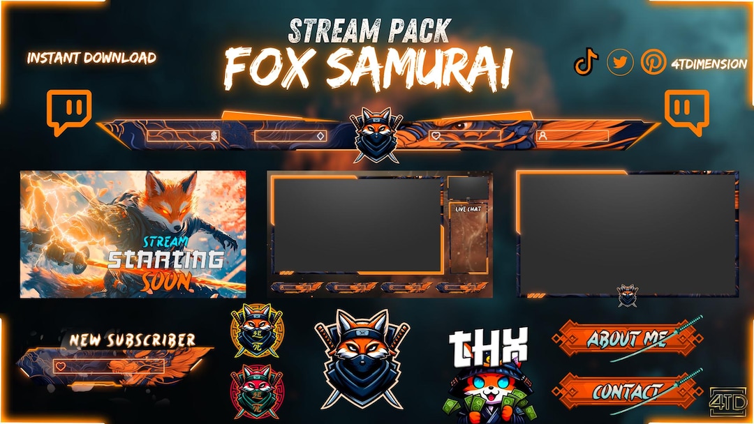 Animated Stream Pack Fox Samurai, Stream Overlay, Webcam Overlay ...