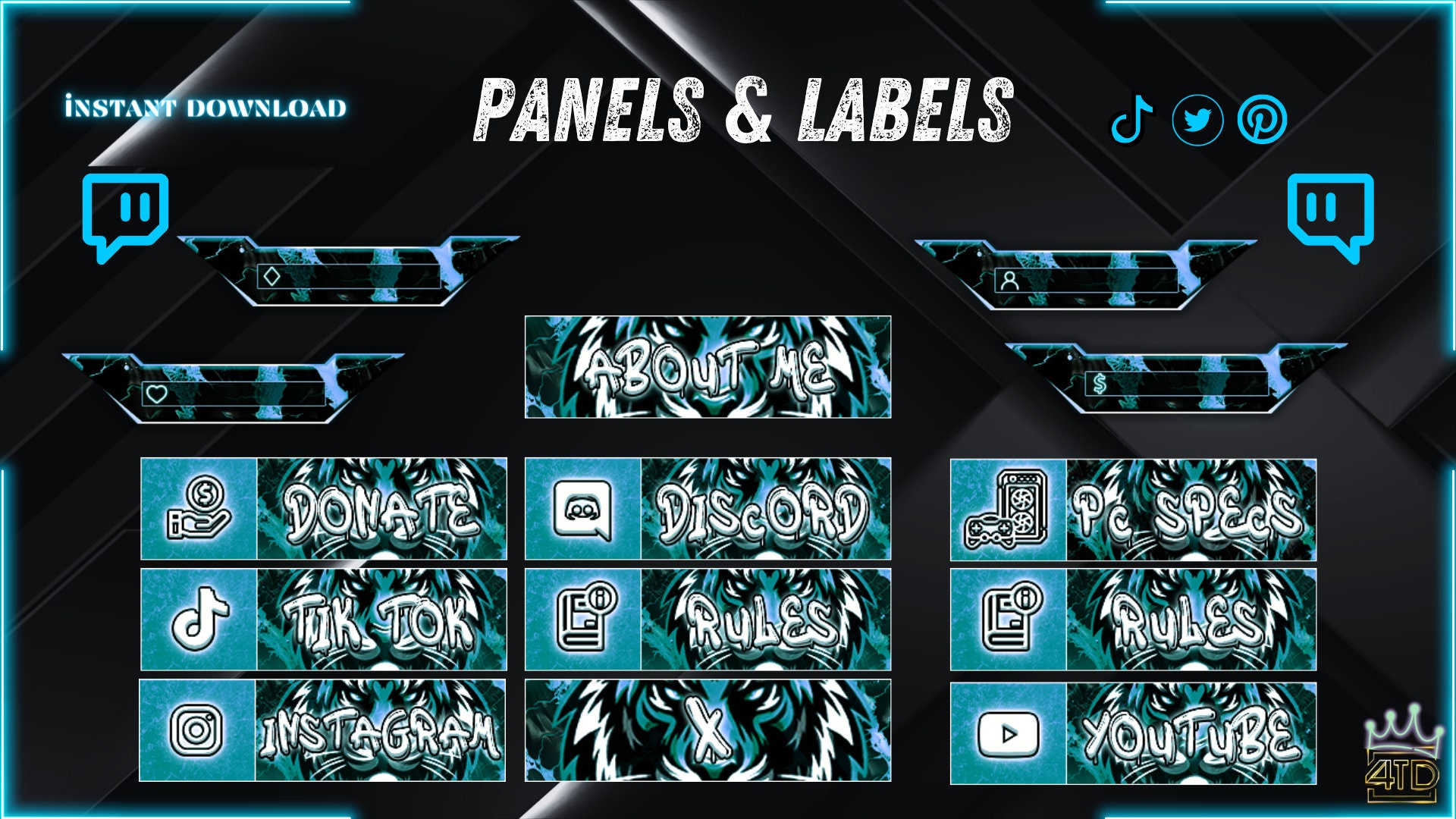 Animated Stream Pack Tiger Cyan, Stream Overlay, Webcam Overlay, Twitch ...