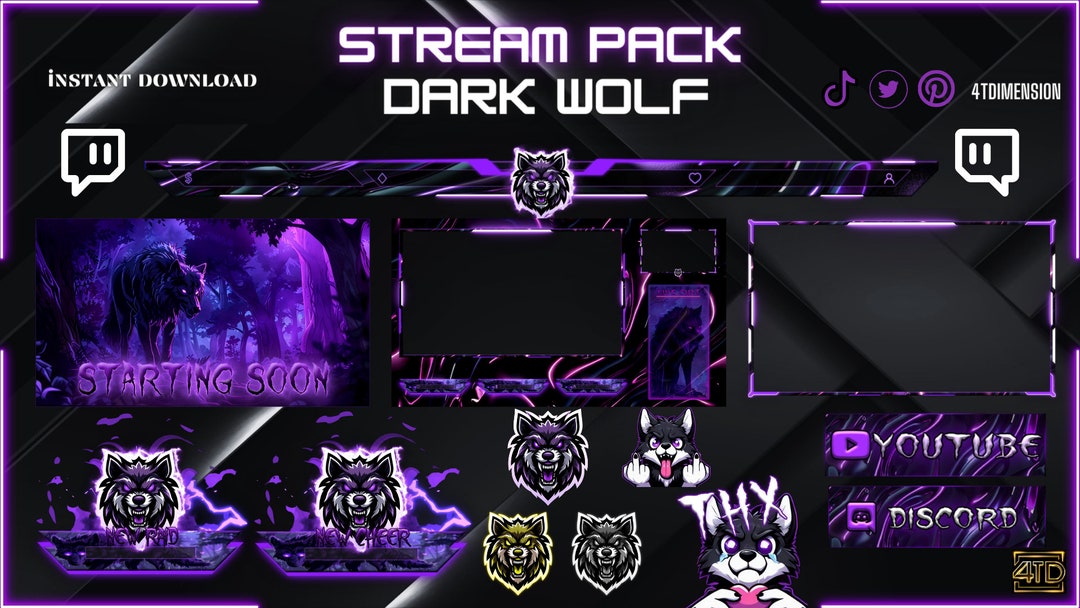 Animated Stream Pack Dark Wolf, Stream Overlay, Webcam Overlay, Twitch ...