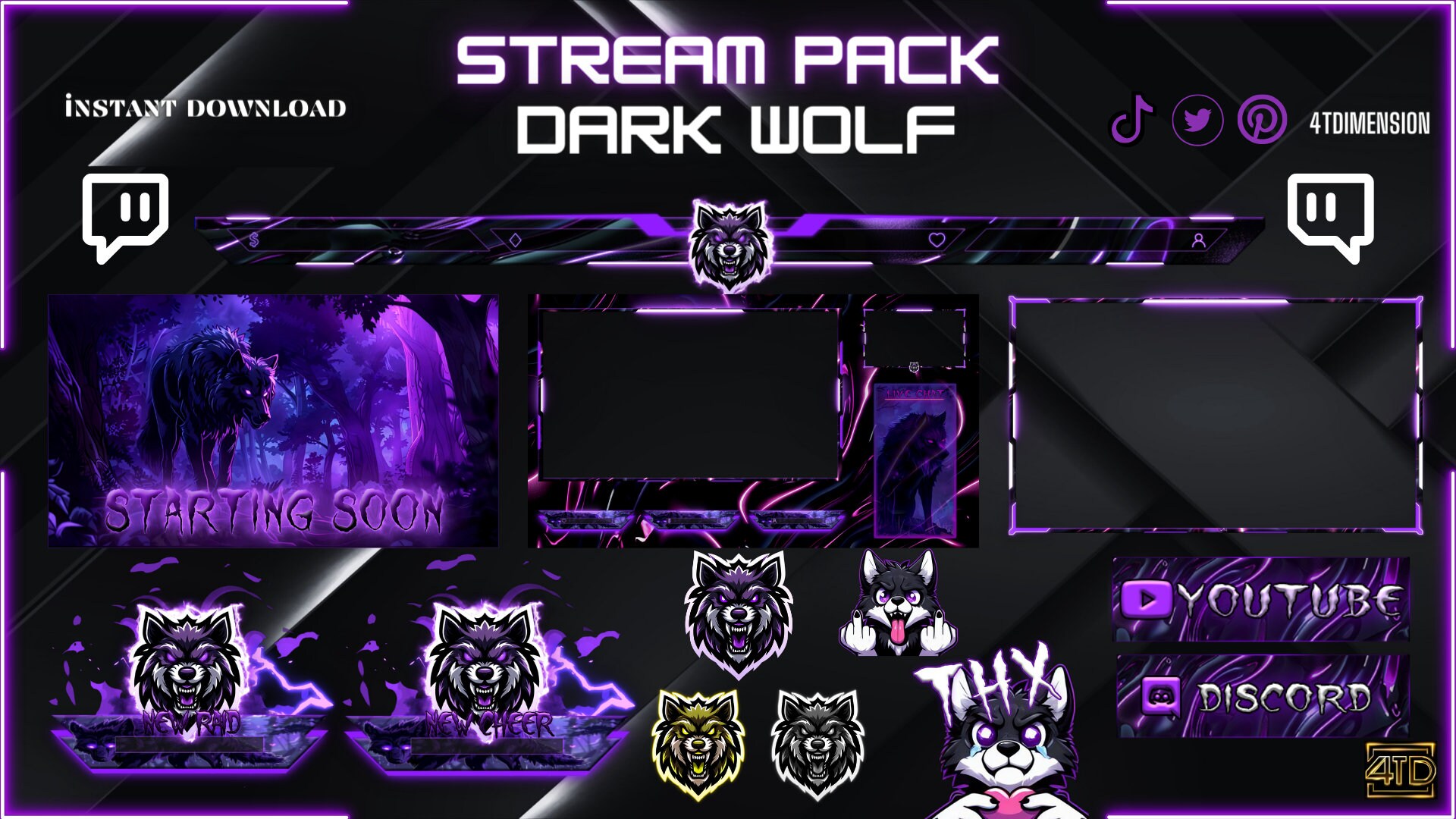 Animated Stream Pack Dark Wolf, Stream Overlay, Webcam Overlay, Twitch Alerts, Screen Overlay ...