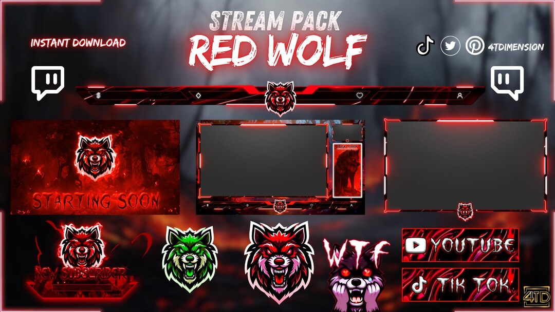 Animated Stream Pack Red Wolf, Stream Overlay, Webcam Overlay, Twitch ...