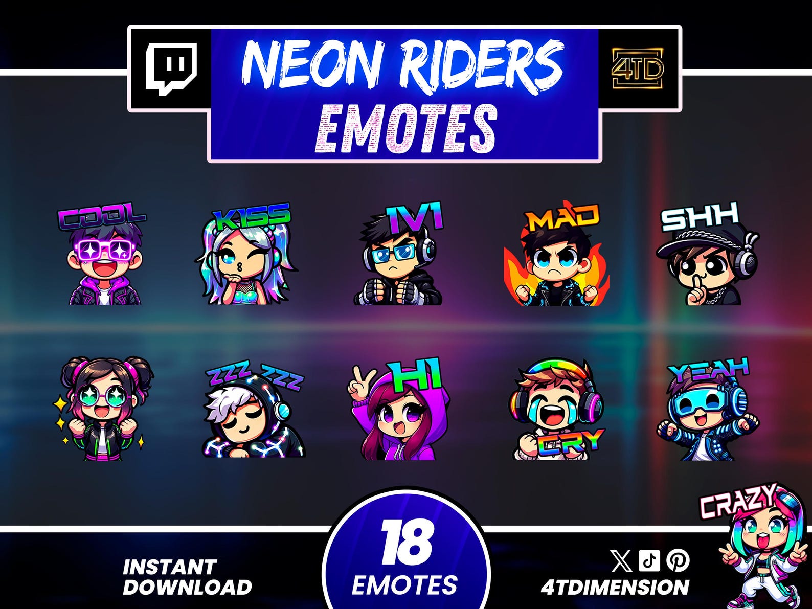 Animated Twitch Emotes Pack, Neon Style Stream Emotes for Kick, Gamer ...