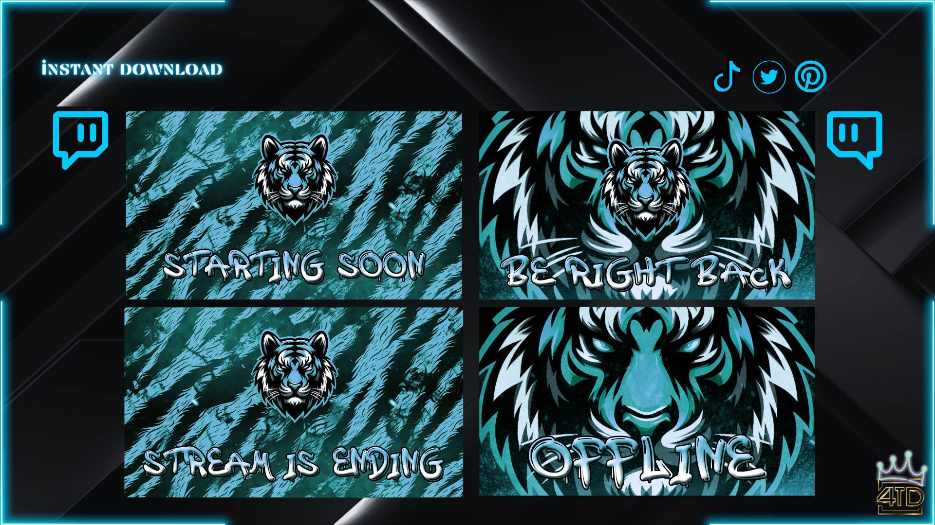 Animated Stream Pack Tiger Cyan, Stream Overlay, Webcam Overlay, Twitch ...