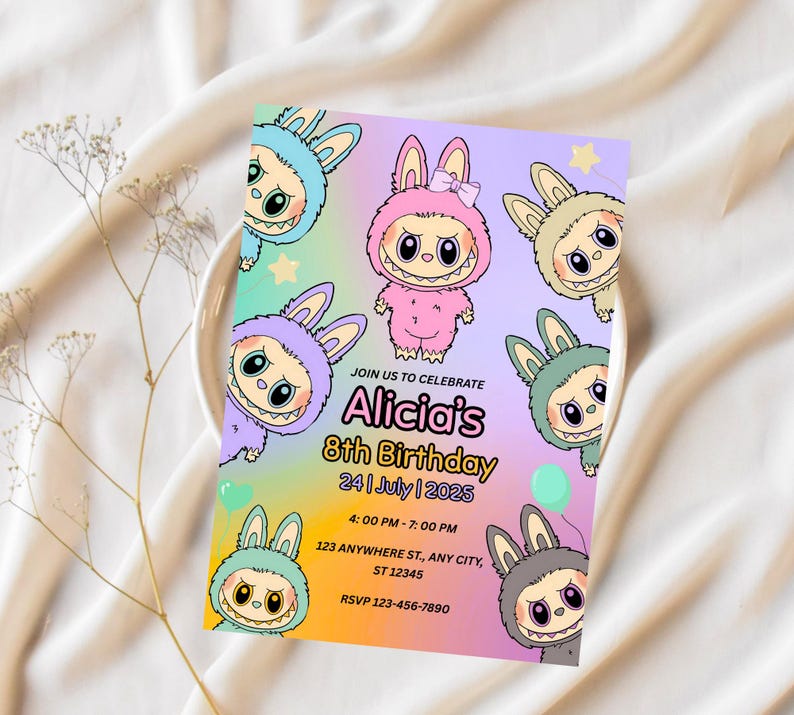 Editable DIY Labubu Birthday Invitation, Editable Canva Template ...