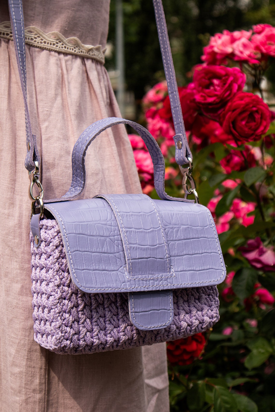 Handmade Crochet Crossbody Bag Mia, Leather Crochet Crossbody Bag ...