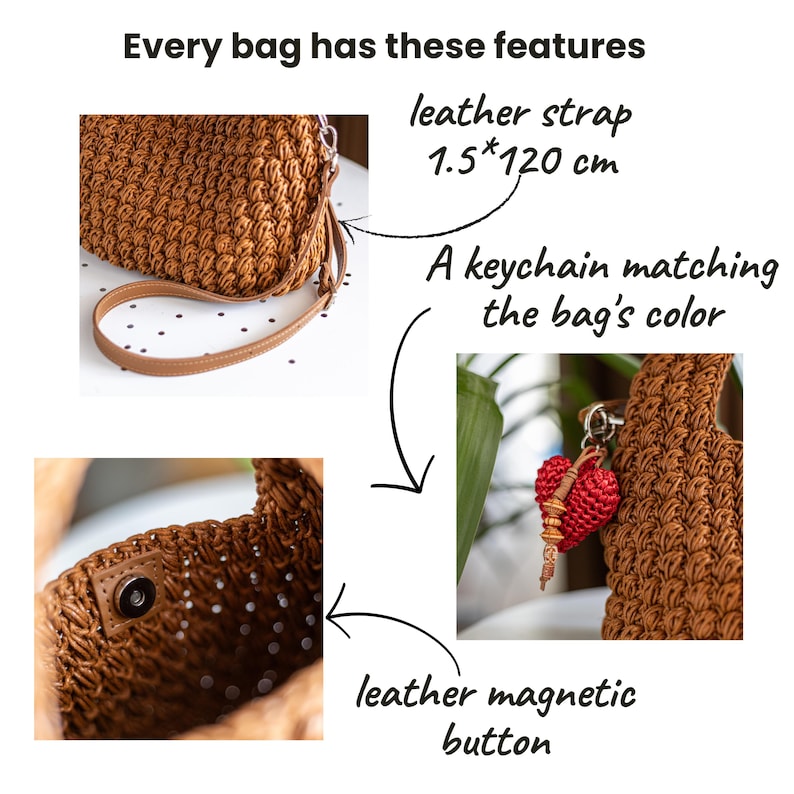 Bubble Crochet Purse With Leather Straps, Handmade Hobo Rope Bag, Brown ...