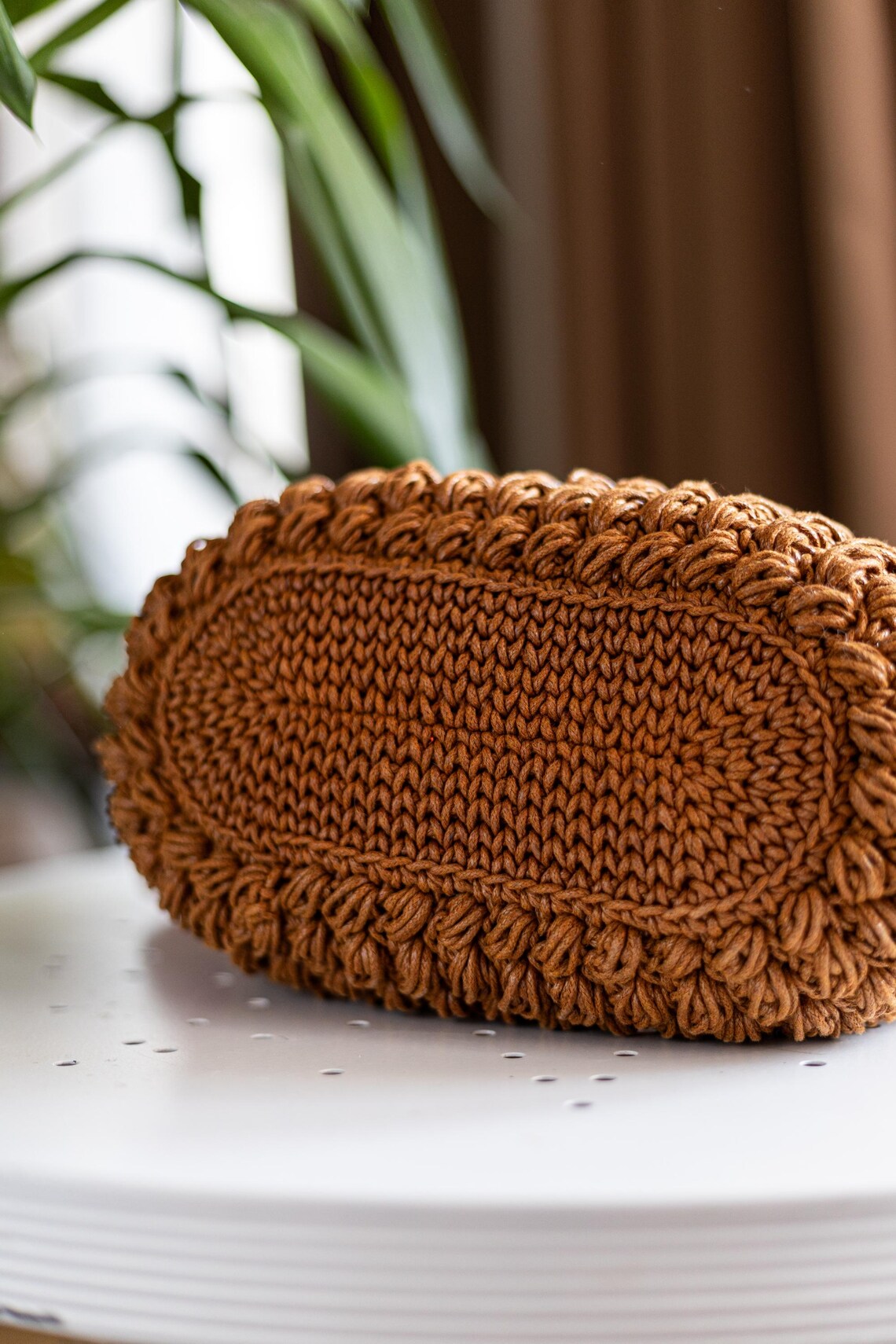 Bubble Crochet Purse With Leather Straps, Handmade Hobo Rope Bag, Brown ...