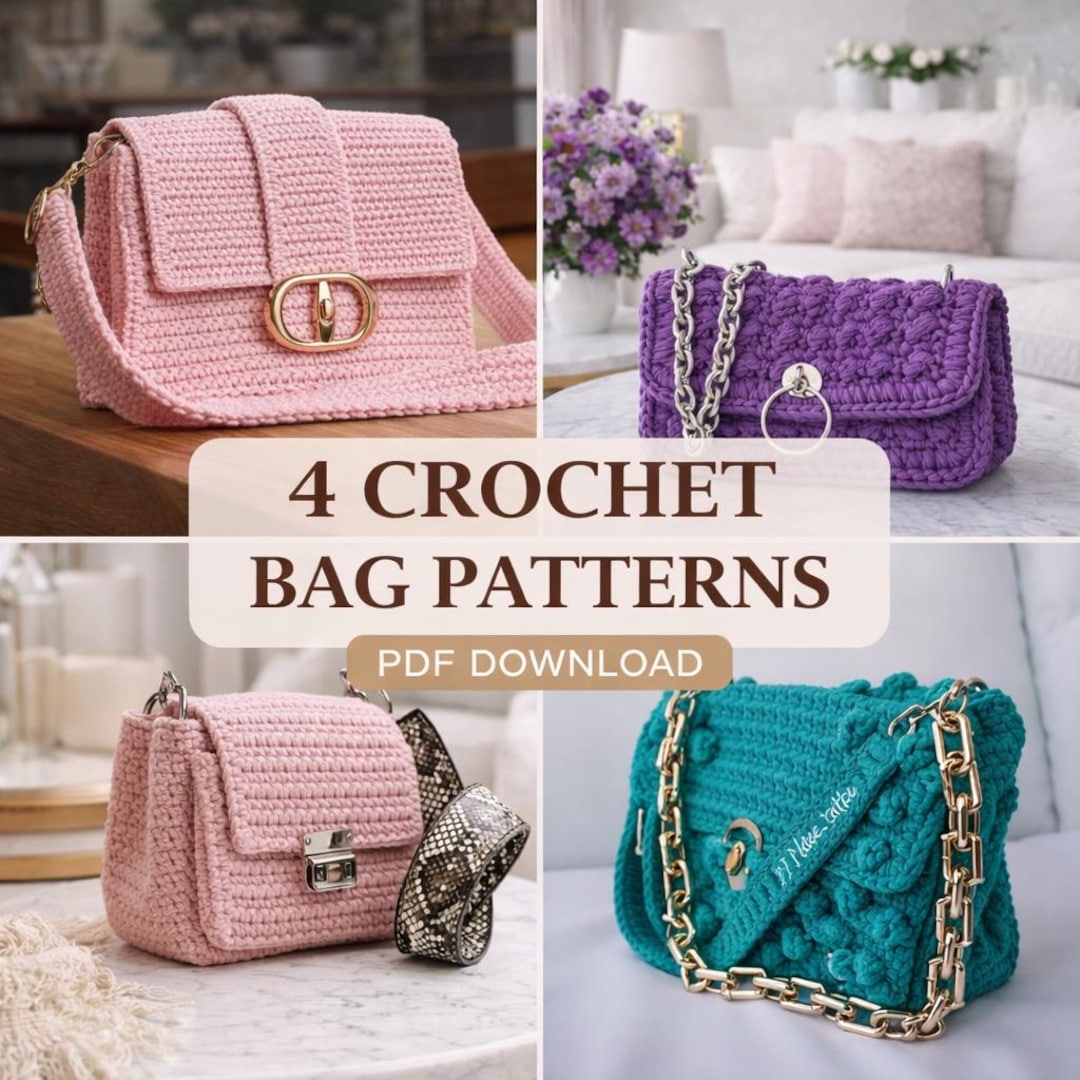 Crochet Bag Patterns: Set of 4 Crossbody Bag Designs Video Tutorial and ...