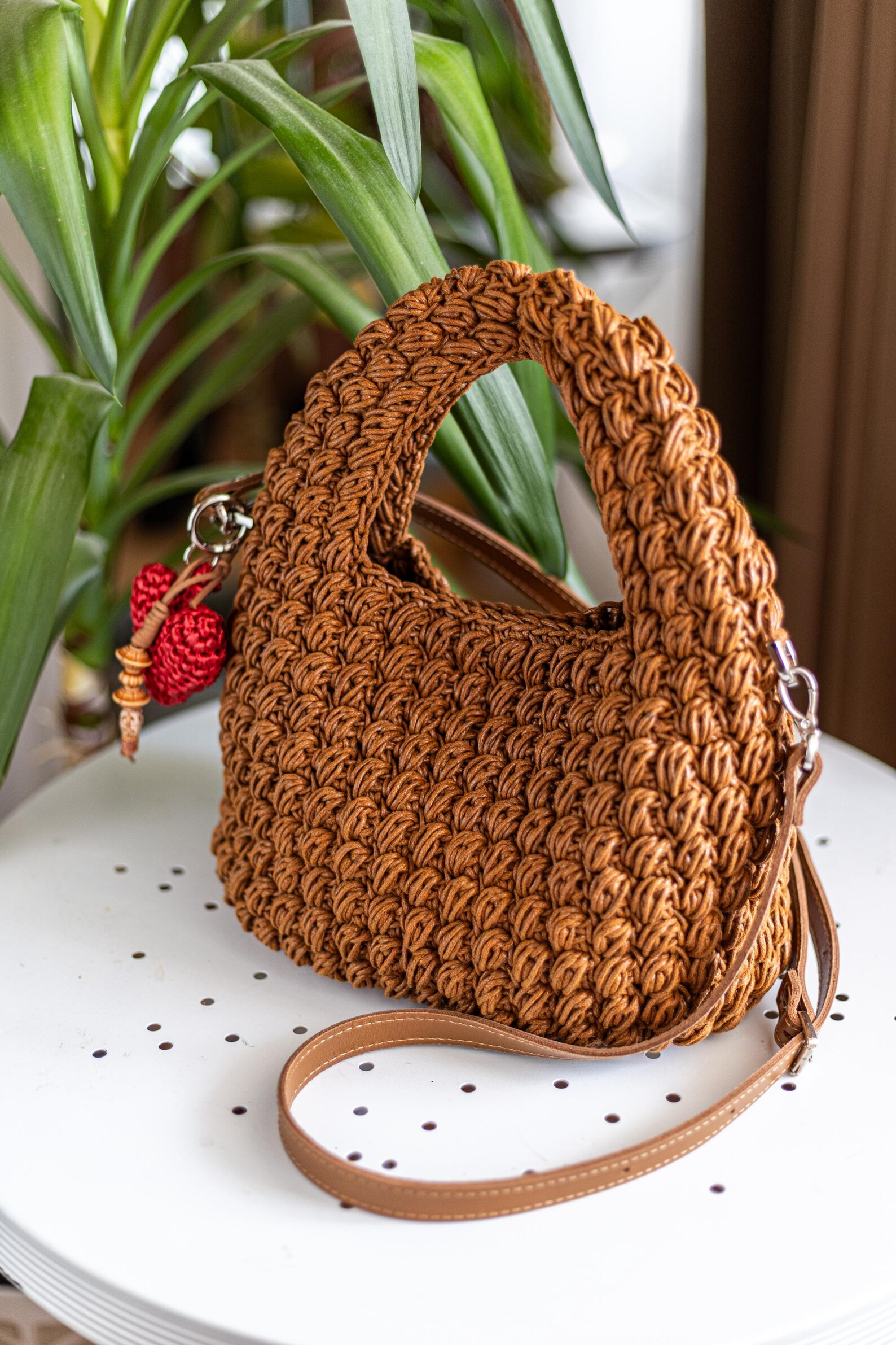 Bubble Crochet Purse With Leather Straps, Handmade Hobo Rope Bag, Brown ...