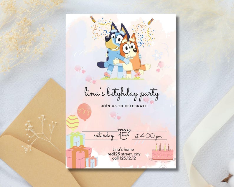 Bluey Bırthday Invitation Girl Bluey Bingo Printable, Canva Template ...